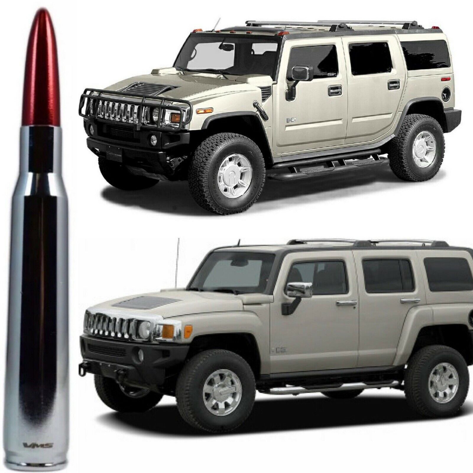 Chrome with Red Tip 50 Cal Bullet Antenna for Hummer H2 and H3 Billet ...